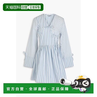 1h可退 香港直邮GANNI 甘尼 女士 Tie-detailed 条纹棉质府绸迷你