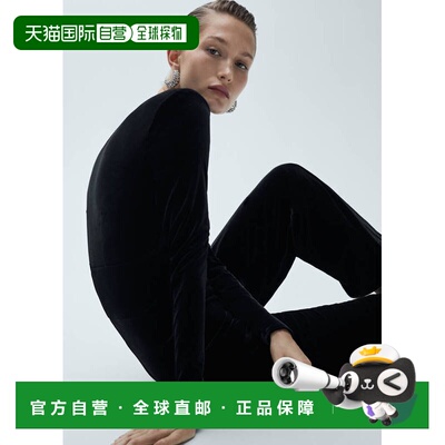 自营欧洲直邮MANGO 女士黑色聚酯纤维丝绒裹身长款连体裤