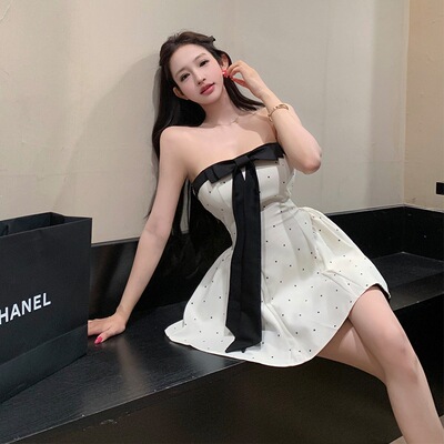 跨境千金miu系少女蝴蝶结撞色拼接抹胸连衣裙蓬蓬裙夏季波点6589