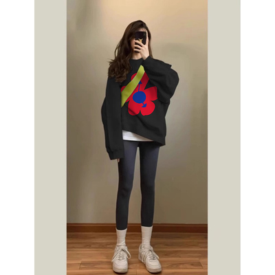 精致设计个性花朵印花圆领卫衣女早秋美式新款百搭独特别致上衣潮