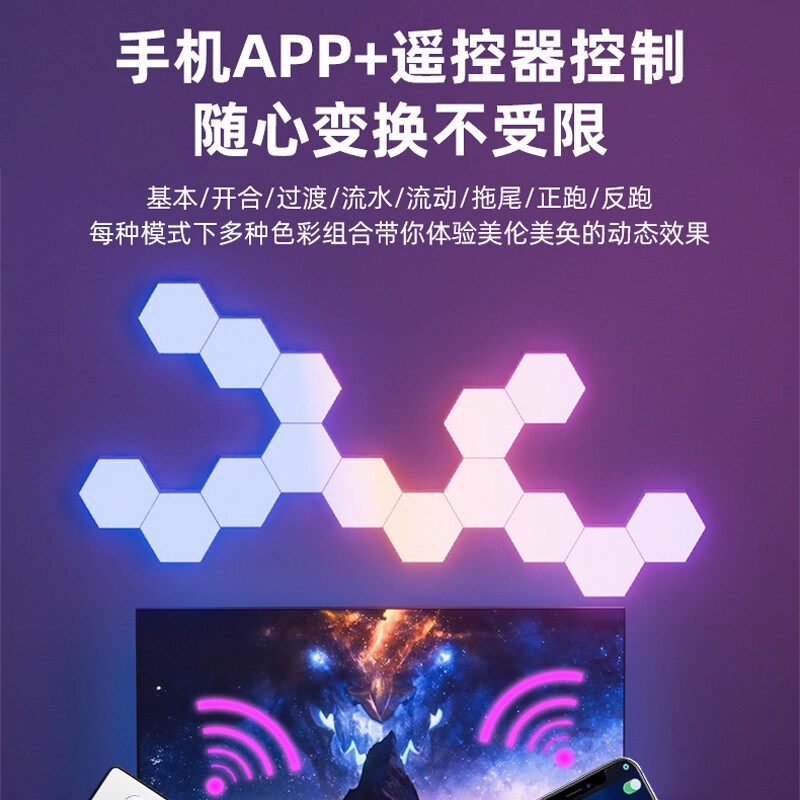 热销电竞房氛围灯智能RGB量子A灯奇光板声控感应遥控蜂窝壁灯夜灯
