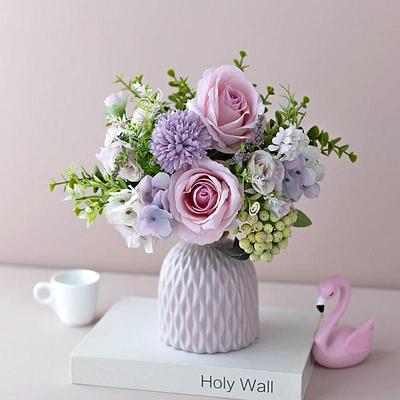 北欧雅致粉紫色仿真绢玫瑰花艺客厅装饰摆件花束餐桌陶瓷花瓶套装