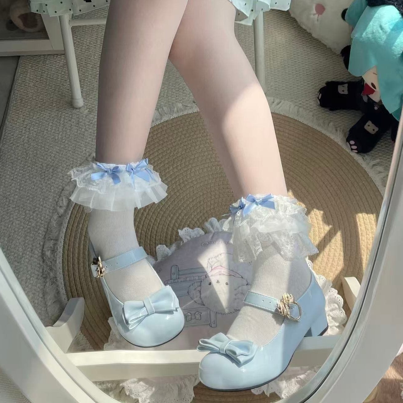 梦幻人偶洛丽塔超大蕾丝花边蝴蝶结中筒袜甜美lolita棉短筒袜子