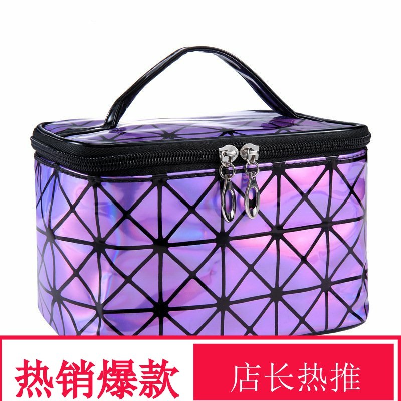 欧美时尚菱格3D镭射PU折叠化妆包便携旅行手提包防水大容量洗漱袋_虎窝淘