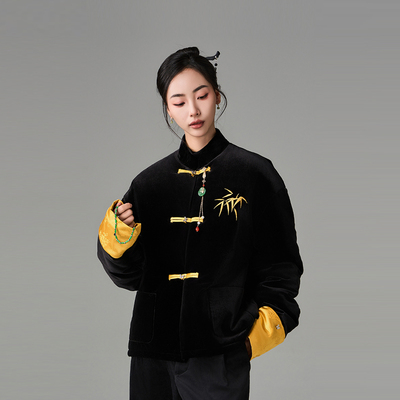 CNEW金属盘扣竹叶刺绣丝绒棉服