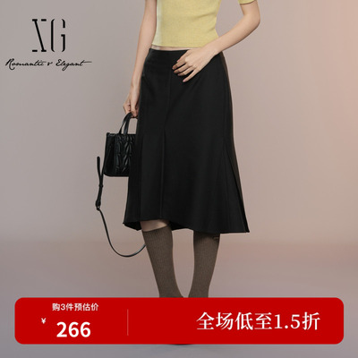 XG雪歌秋新款黑色高腰时尚半身裙中长款开叉夏季XK303012A290