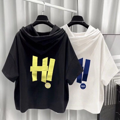 短袖+连帽+港风+印花+透气+体恤