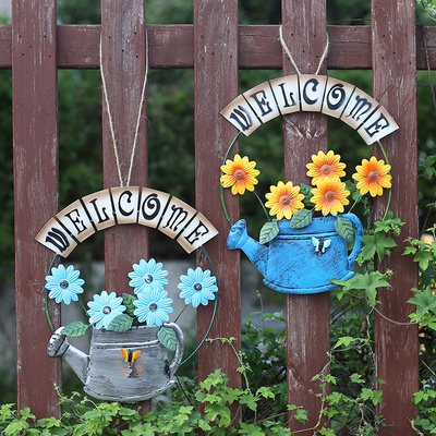 花园装饰庭院户外栅栏铁艺水壶园艺欢迎牌挂件幼儿园阳台挂件