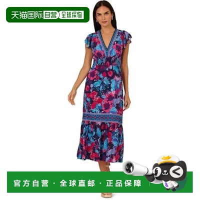 自营Adrianna Papell Midi Dress  Navy Floral Smocked Flutter