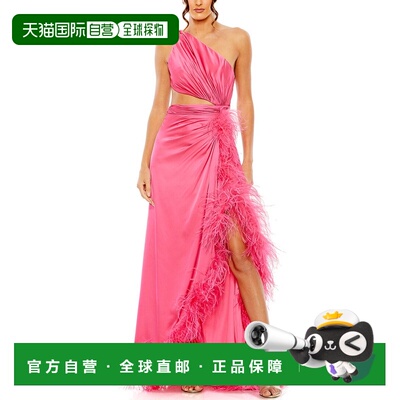 自营Mac Duggal单肩钥匙孔装饰连衣裙-热粉色 美国奥莱直发长裙