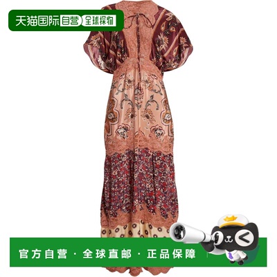 自营Farm Rio 女士系带短袖长裙，Glam Tapestry Burgundy - glam