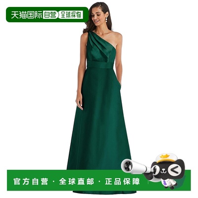 自营alfred sung垂坠单肩缎面长款连衣裙，带口袋 - 猎人绿 【美