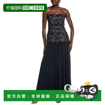 自营Badgley Mischka Lace Georgette Combo Gown - navy 美国奥
