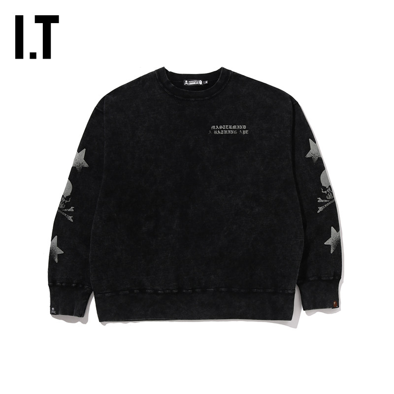 IT MASTERMIND VS BAPE男装圆领卫衣新款潮流酷感水洗磨白上衣