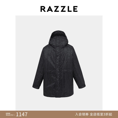 RAZZLE 地素奥莱男装中长羽绒服冬季黑色印花长款羽绒外套