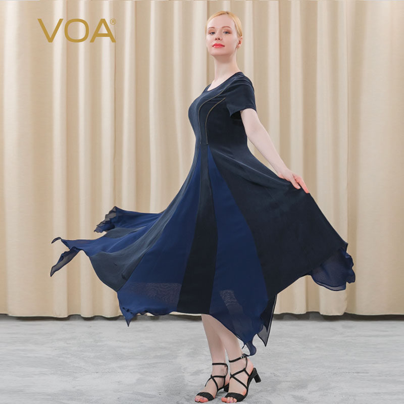VOA藏青色重磅砂洗真丝拼接乔其丝绸圆领短袖尖角裙摆原创连衣裙_虎窝淘