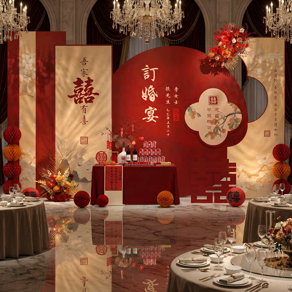 网红订婚宴布置装饰全套背景墙kt板迎宾牌高级仪式感简约气球摆件