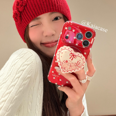 kaia 新年红波点爱心马摇摇乐适用苹果17promax手机壳iphone16pro新款13女14pro磁吸支架15pro全包防摔手机套