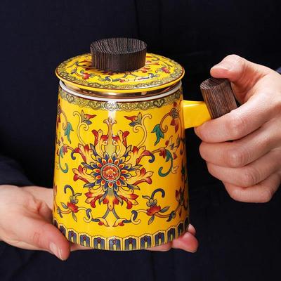 珐琅彩茶杯陶瓷带盖茶水分离家用大容量过滤水杯办公个人专用杯子