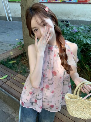 2026新款夏季宽松露肩上衣外穿法式温柔碎花雪纺挂脖吊带背心女装