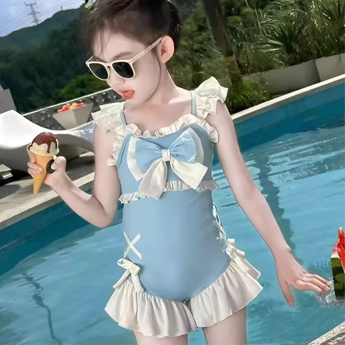 2026新款女童泳装夏季儿童蝴蝶结甜美速干4-14连体泳衣洋气游泳衣