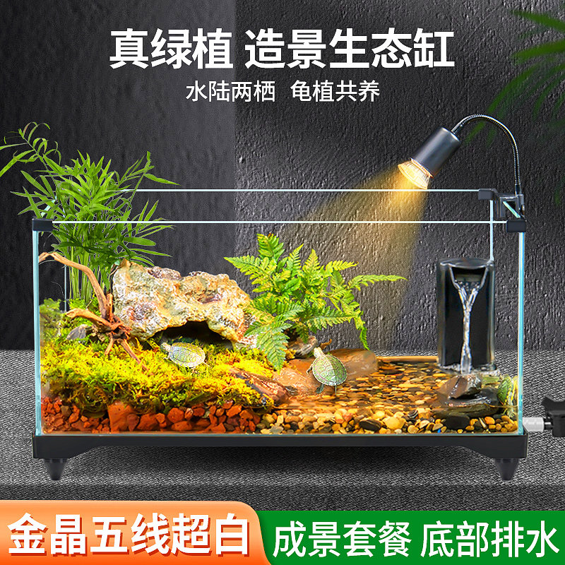 超白玻璃缸乌龟缸乌龟饲养缸水陆双栖生态干分离底部排水龟植共养