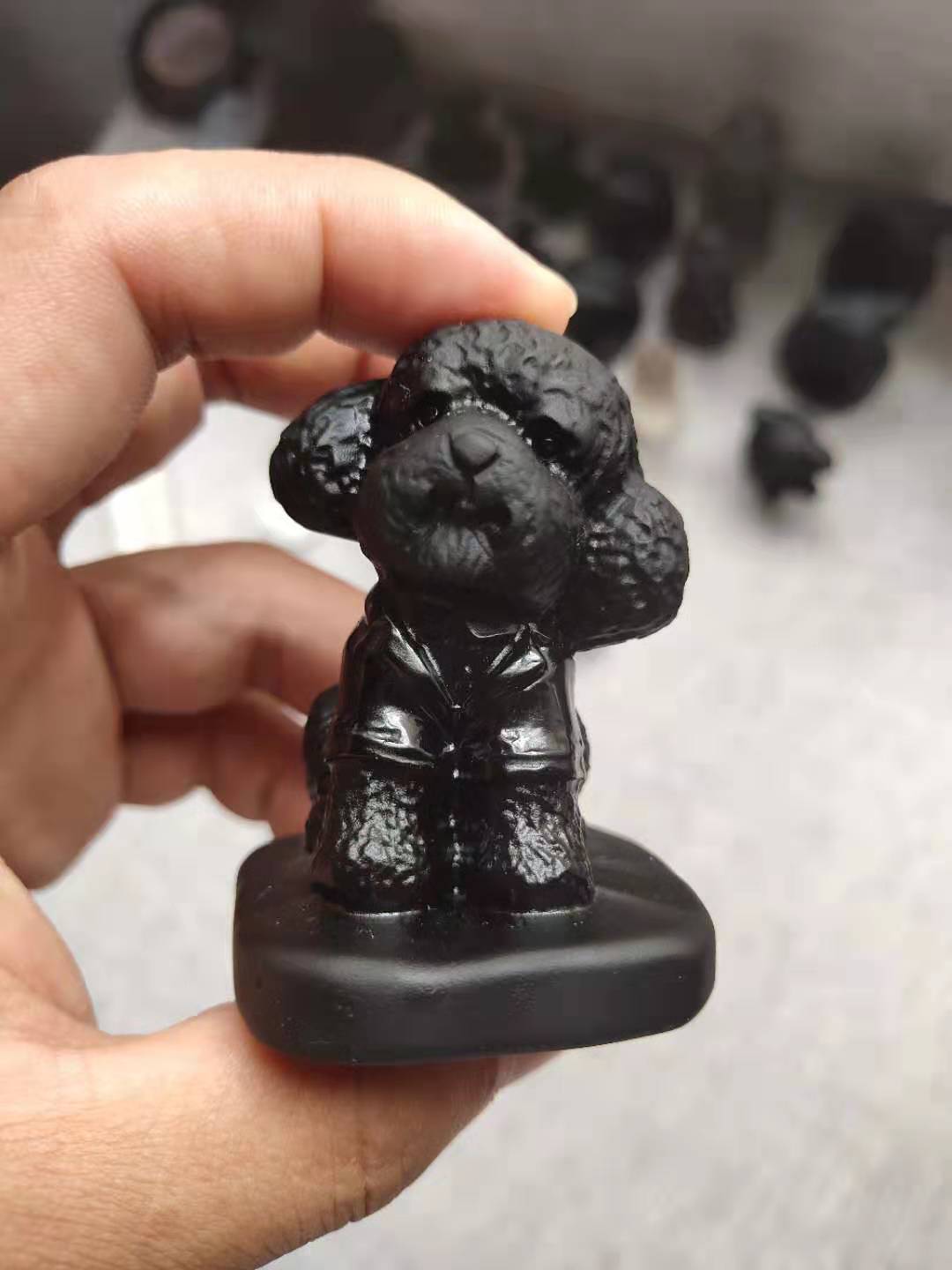 泉洛珠宝天然黑曜石雕刻件 手把件 家居饰品 水晶雕件 萌宠泰迪犬