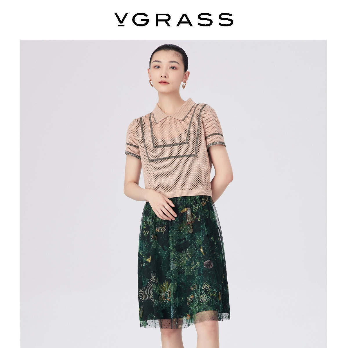 VGRASS维格娜丝夏季新款气质收腰短袖气质连衣裙VXLQM23560_虎窝淘