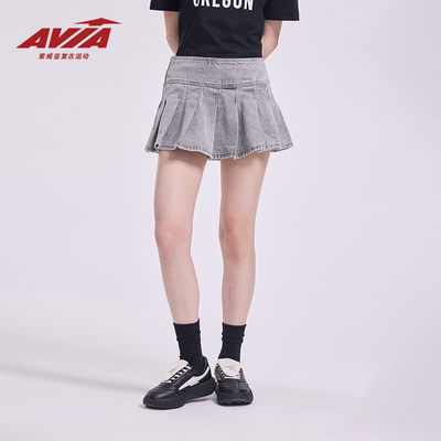 AVIA爱威亚复古牛仔水洗短裙百褶裙防走光2025年春夏新款半身裙
