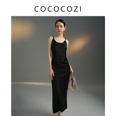 COCOCOZI【城市漫步】16姆米丝人丝弹力缎面吊带礼服裙连衣裙女