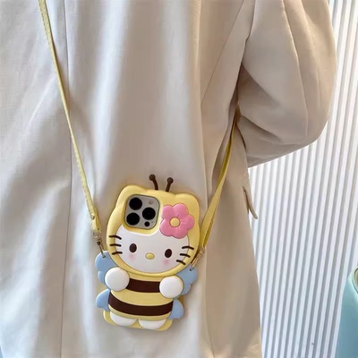 立体蜜蜂猫咪适用苹果15/14plus手机壳iPhone16ProMax卡通可爱13mini女12por新款xs软硅胶保护套678p斜挎挂绳