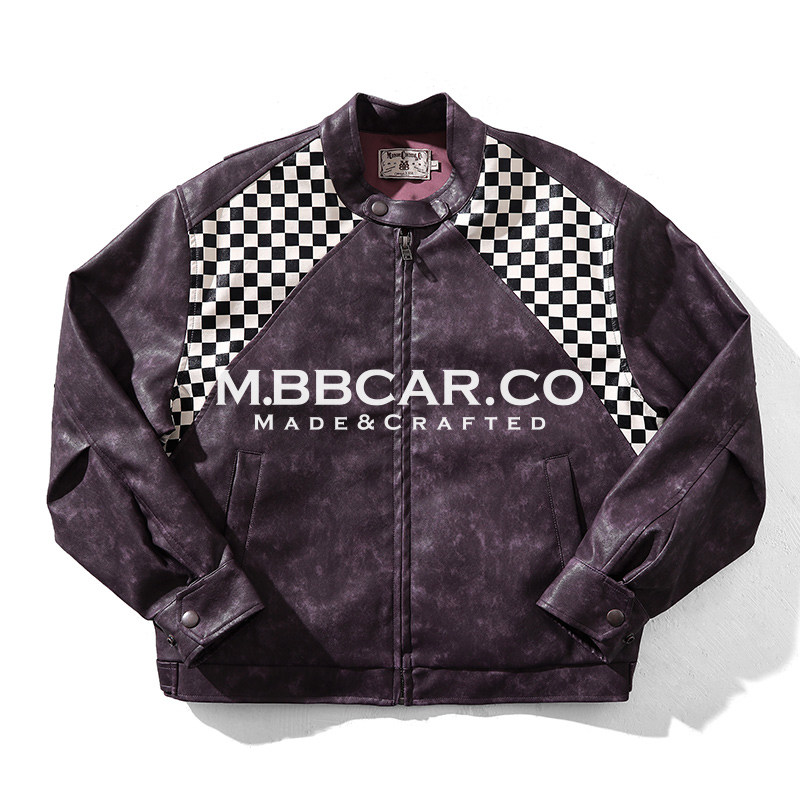 MBBCAR窄幅Used竞速赛车做旧水洗龙胆紫棋盘格短宽J100机车皮夹克