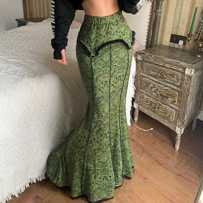 2025 Women Fashion INS Printed Lace Patchwork Fishtail Skirt