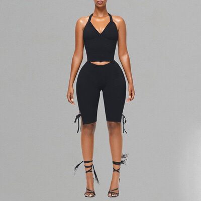 Bareback bow hem solid color set露背蝴蝶结裤边纯色休闲套装女