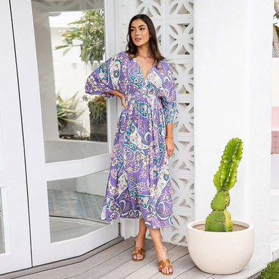 Women Bat Sleeve Dress V-neck Split Seaside Holiday Dress