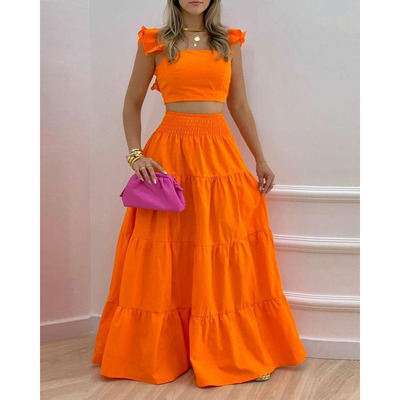 Shirred Back Crop Top & Maxi Skirt Set荷叶边上衣半身裙套装