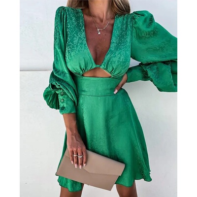Satin Lantern Sleeve Cutout Casual Dress缎面休闲镂空连衣裙