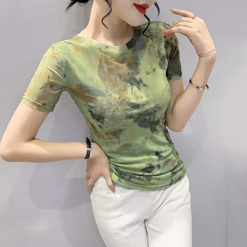 欧货网纱短袖t恤女2026夏季新款时尚印花修身上衣洋气半袖小衫潮