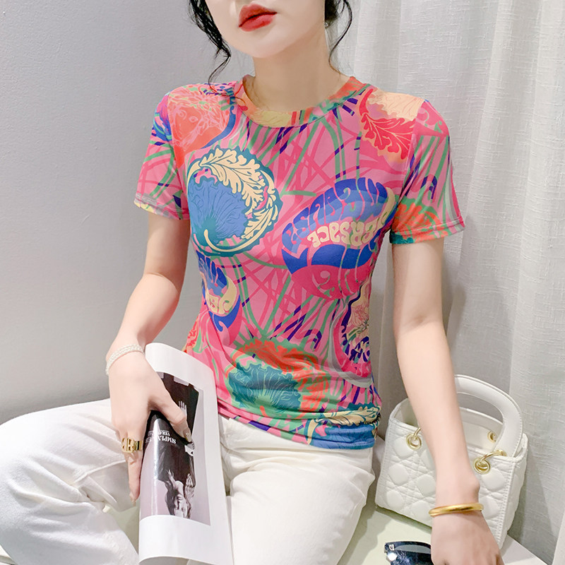 欧货短袖t恤女2026新款时尚印花网纱上衣修身显瘦半袖体恤小衫夏