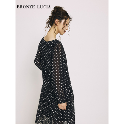 Bronze Lucia黑色复古波点拼接网纱显瘦夏季连衣裙