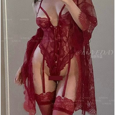 LOVEDAY勃艮第红蕾丝V领连体衣