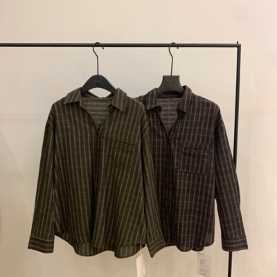 秋上新春秋季日系复古条纹长袖衬衣女款宽松休闲百搭衬衫T6979Q