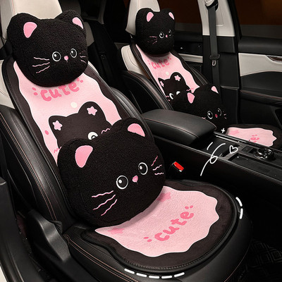 汽车坐垫秋冬季短毛绒可爱小黑猫车载座椅加热保暖座垫四季通用女
