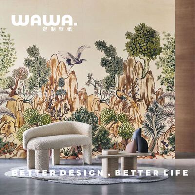 定制小红书chinoiserie国风青松皓鹤新中式背景墙纸无缝壁布