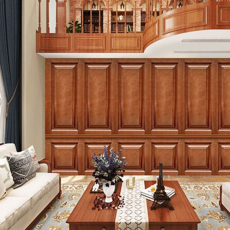 复古美式红木墙纸欧式石膏线背景墙布木纹实木护墙板客厅卧室壁纸