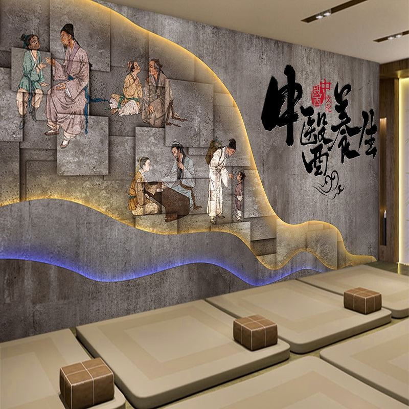 3D养生中医馆墙纸古典医学文化墙药材直播背景墙壁画正骨诊所壁纸