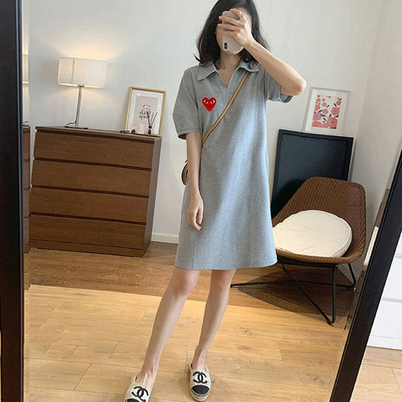 Polo连衣裙女夏宽松中长款t恤裙大码直筒裙克莱因蓝运动休闲裙子