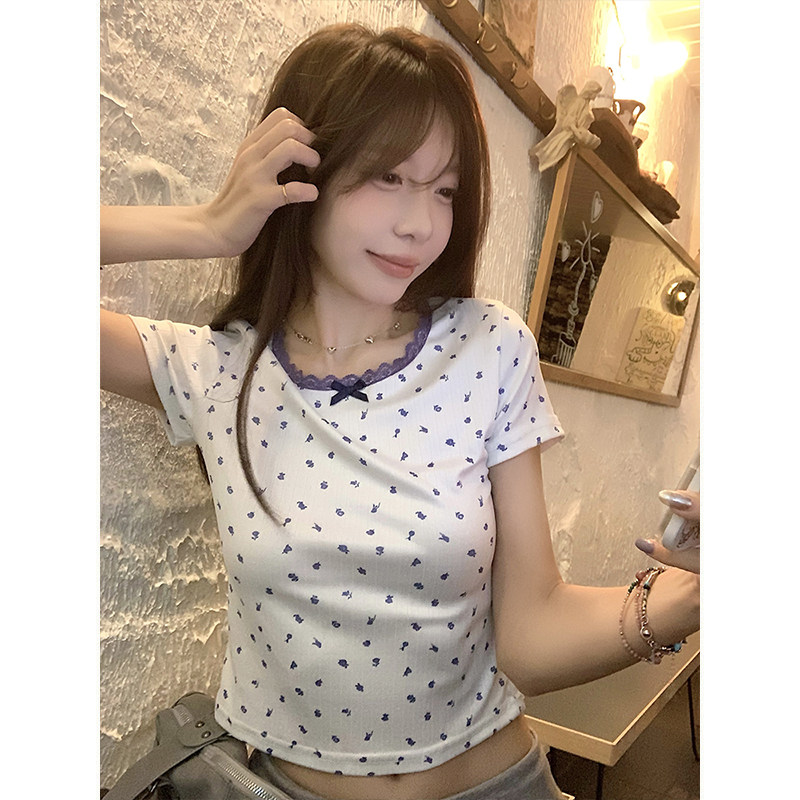 MosesQueen魔西女王撞色蝴蝶结碎花短袖T恤设计感圆领短款上衣女