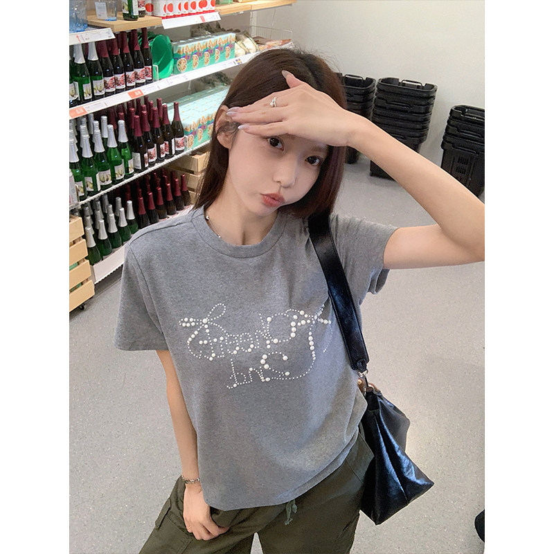 MosesQueen魔西女王蝴蝶结烫钻正肩短袖t恤夏季新款灰色宽松上衣