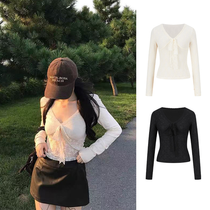 MosesQueen魔西女王白色蕾丝性感短款长袖显瘦辣妹蝴蝶结内搭上衣